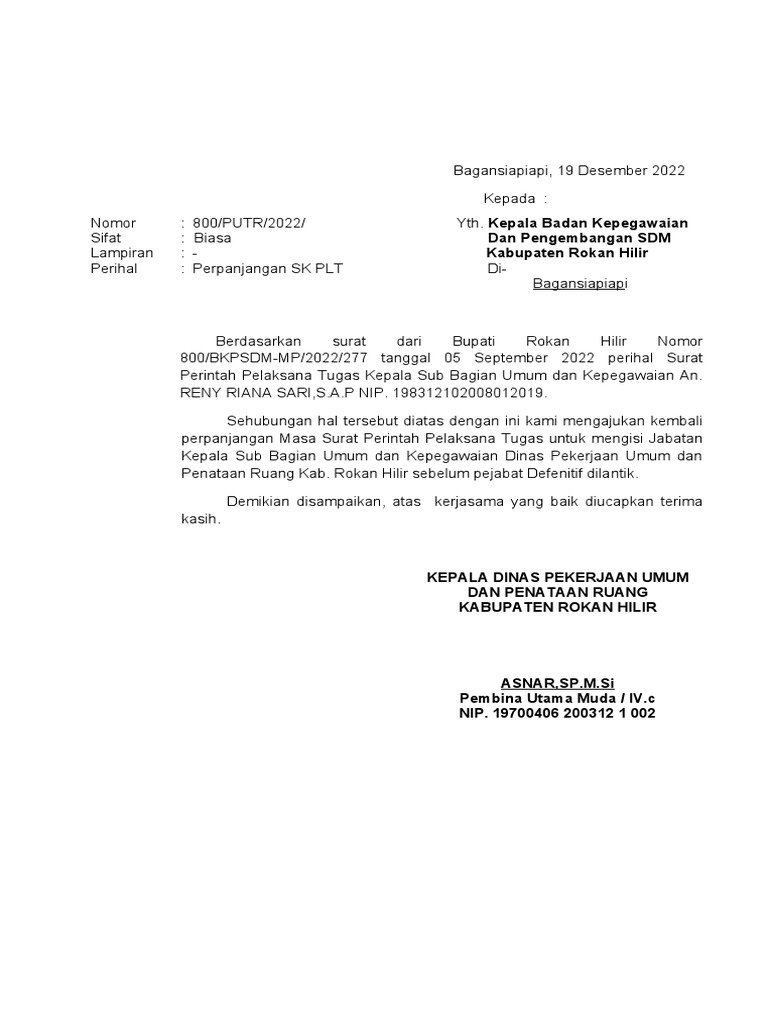 Surat Perpanjangan SK PLT | PDF