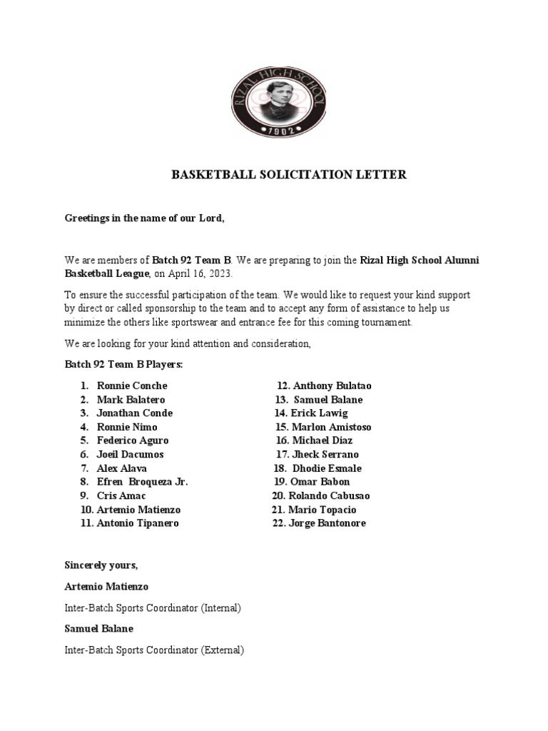 BASKETBALL SOLICITATION LETTER BATCH 92 Team B | PDF