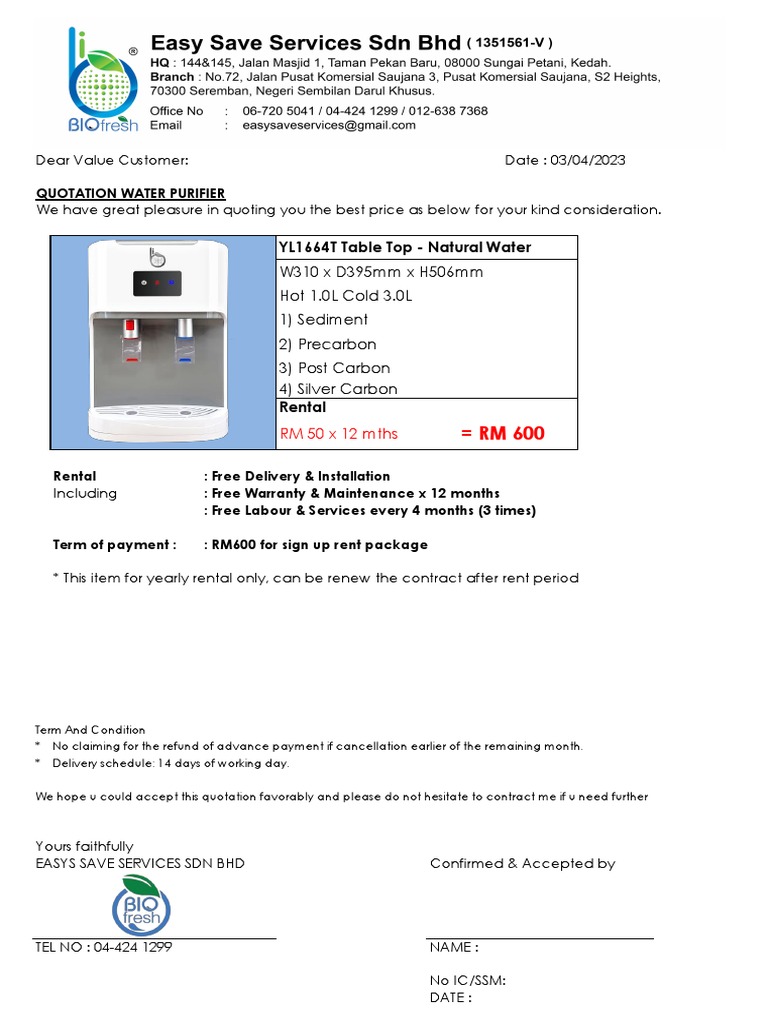 Water Purifier Rental Quotation | PDF