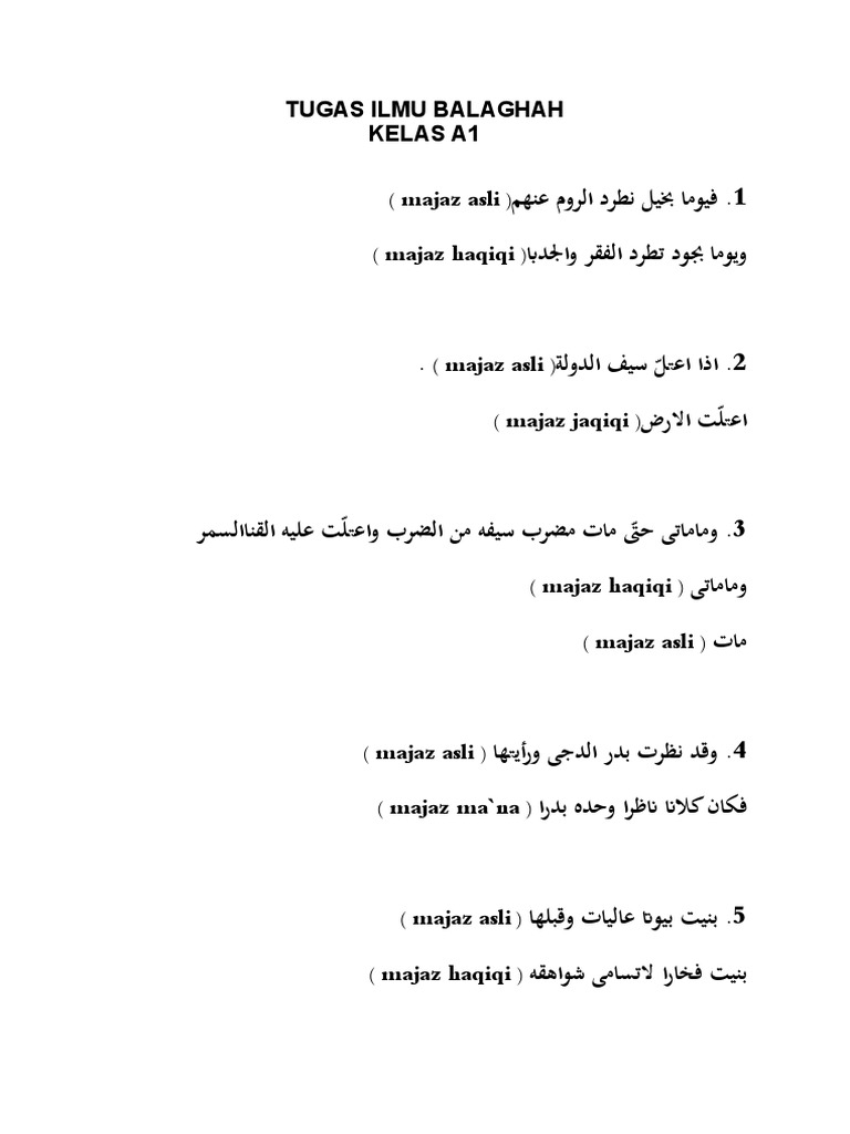 Tugas Ilmu Balaghah Kelas A1 (Majaz Asli) (Majaz Haqiqi) | PDF