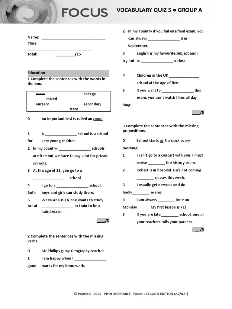 Focus1 2E Vocabulary Quiz Unit5 GroupA | PDF | Grammar | Syntax
