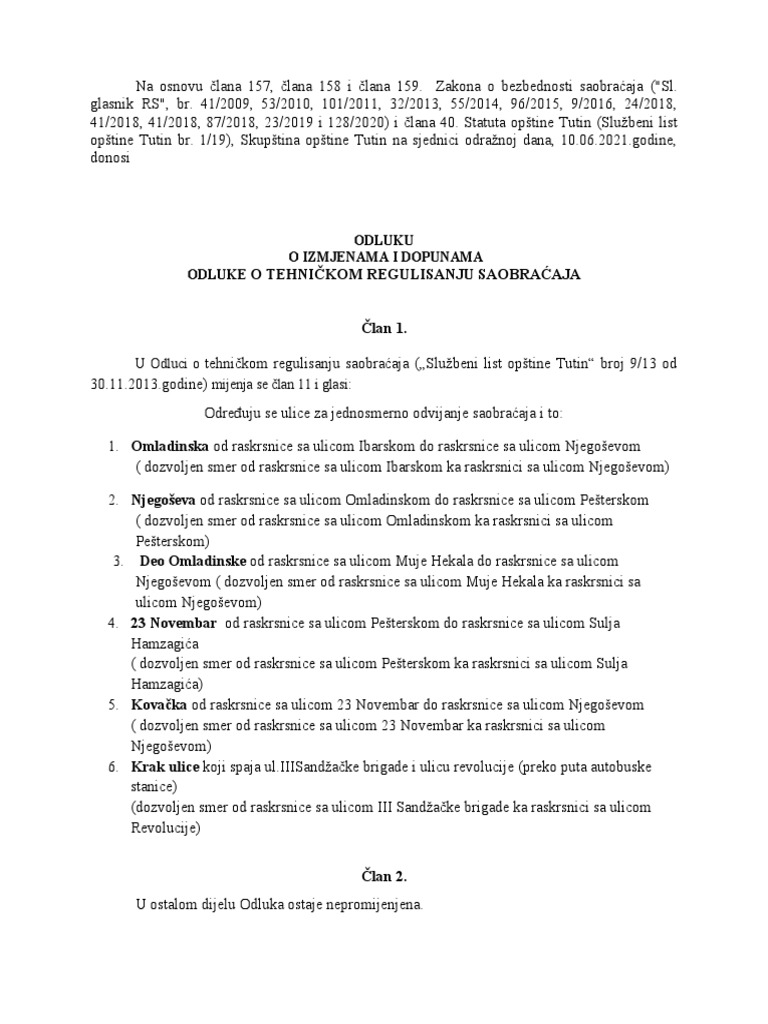 O Tehničkom Regulisanju Saobraćaja Član 1.: Odluku O Izmjenama I Dopunama Odluke | PDF