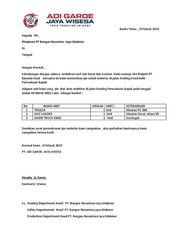 Surat ijin melintas jalan BNJM24032023 | PDF