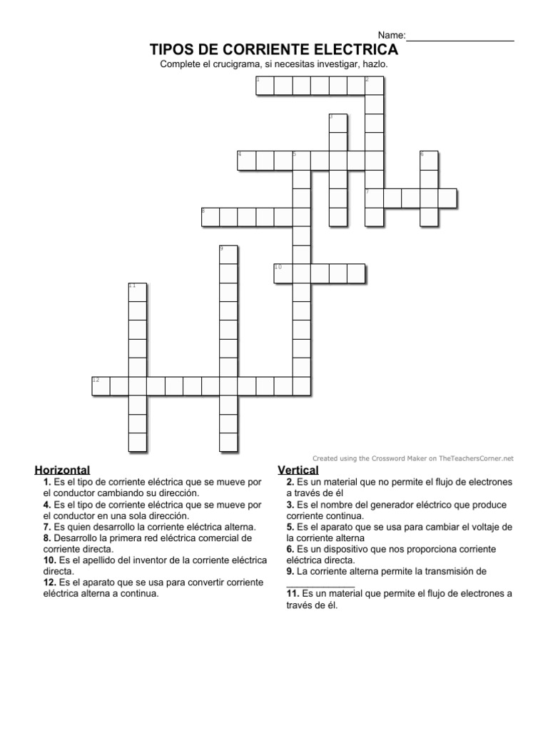 Crucigrama de Corriente Eléctrica | PDF