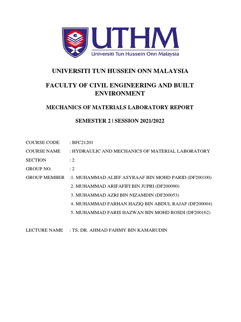 UTHM MoM Lab Report Analysis | PDF | Bending | Beam (Structure)