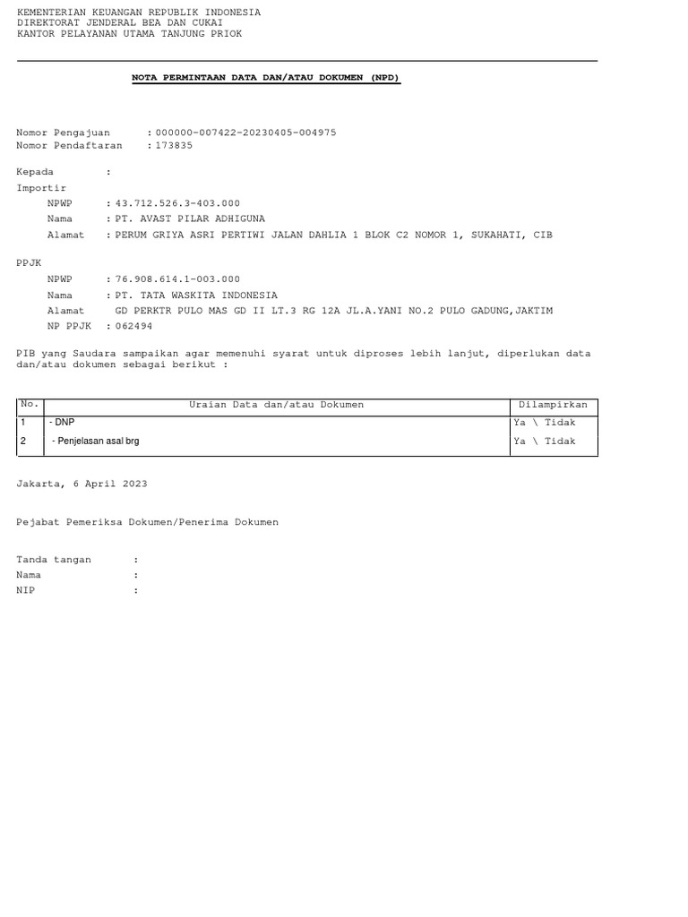 Nota Permintaan Data Dan/Atau Dokumen (NPD) : 1 - DNP 2 - Penjelasan Asal BRG | PDF