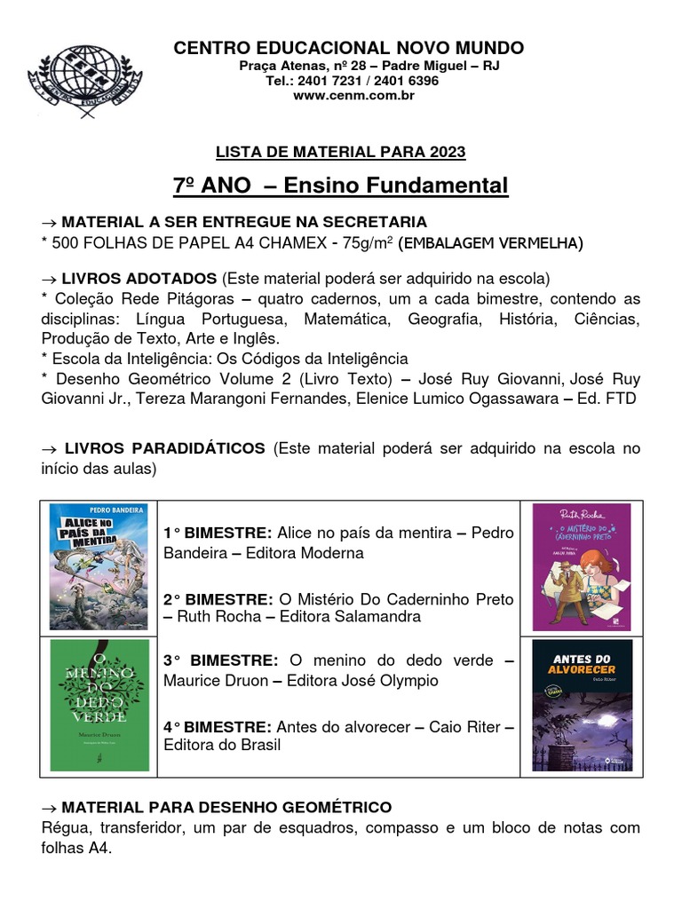 Lista de materiais escolares para o 7o ano do Ensino Fundamental no ...