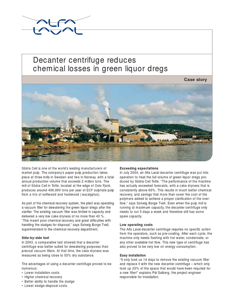 Alfa Laval Decanter Centrifuge Reduces Chemical Losses in Green Liquor ...