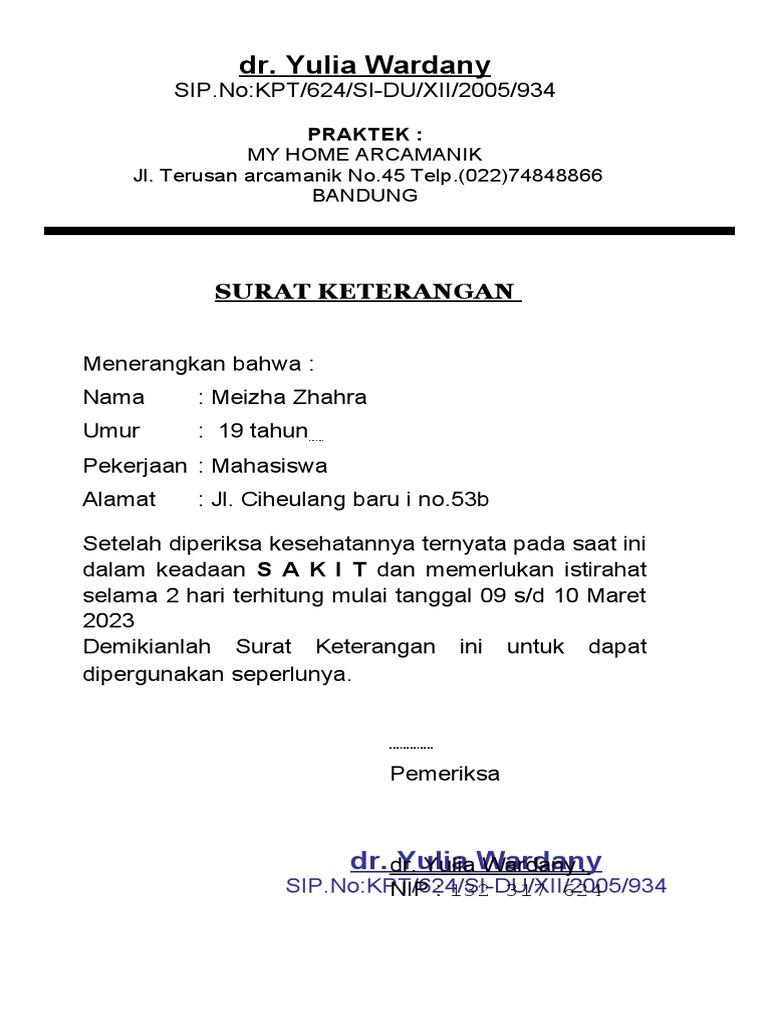 Dr. Yulia Wardany: Surat Keterangan | PDF