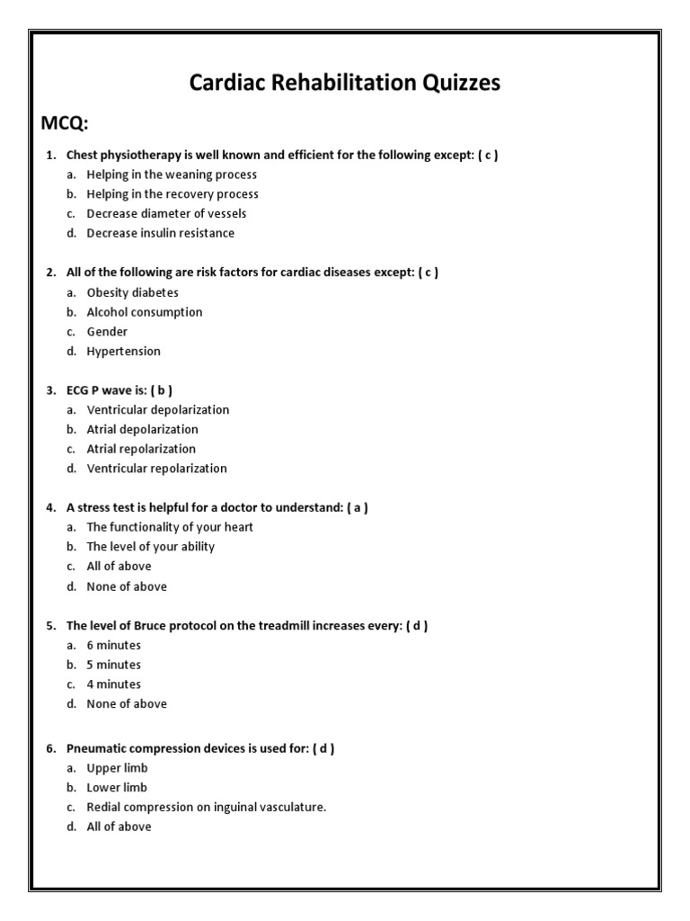 Cardiac Rehabilitation MCQs and Answers | PDF | Heart | Coronary ...