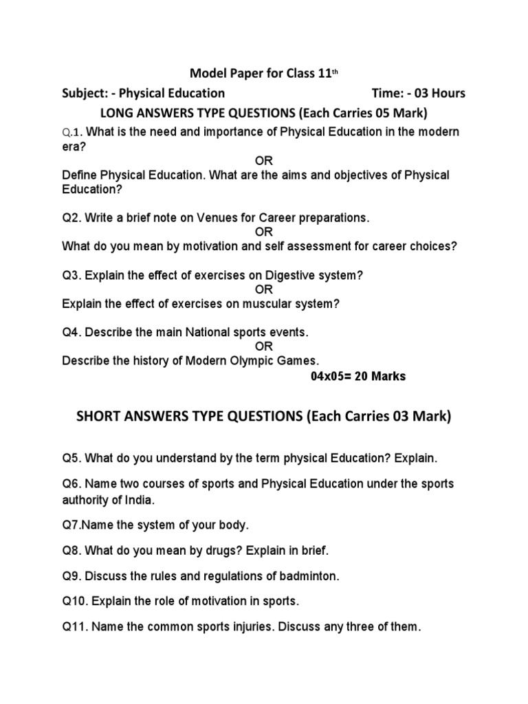 Physical Educaton Modal Test Paper 11 TH | PDF | Medical Specialties ...