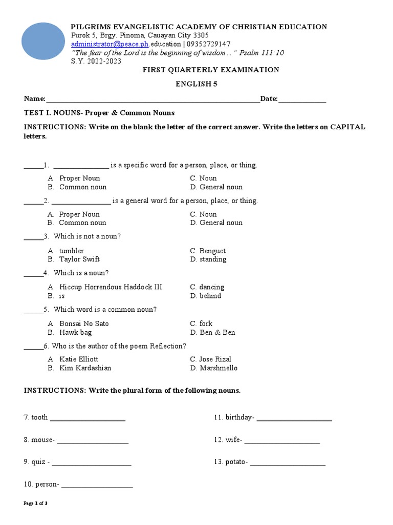 Grade 5 Exam | PDF | Noun | Verb