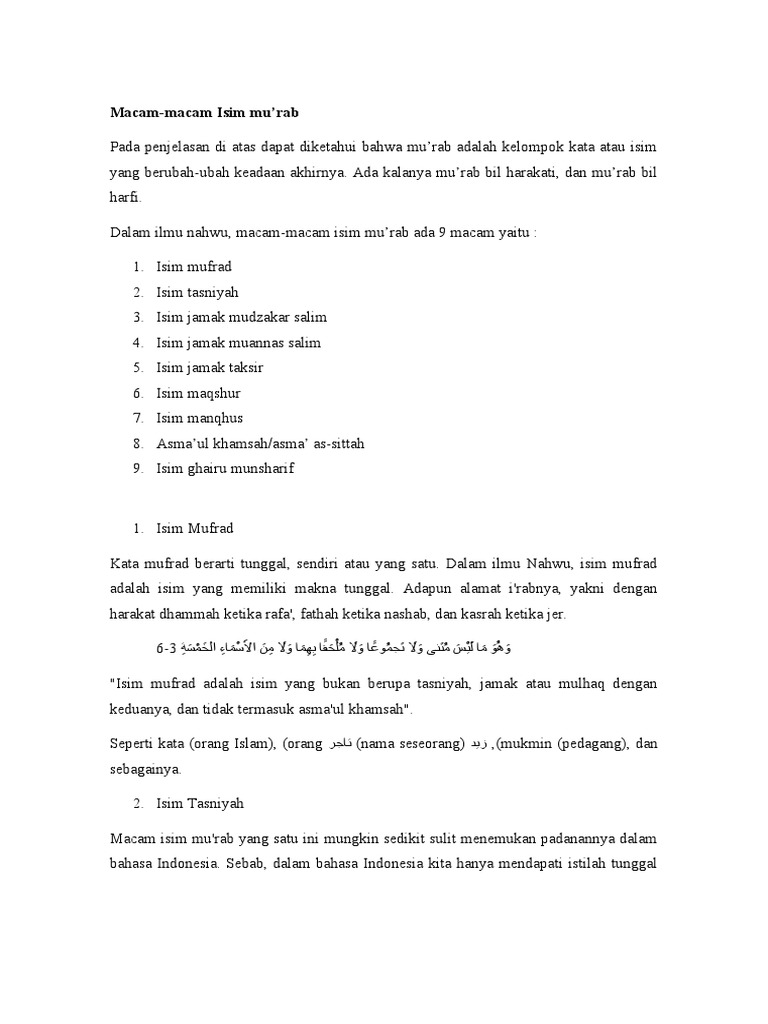Macam-Macam Isim Mu'rab dalam Nahwu | PDF