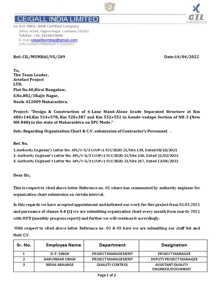 Out - 289 - Cil To Art Organization Chart and C.V. Submission | PDF