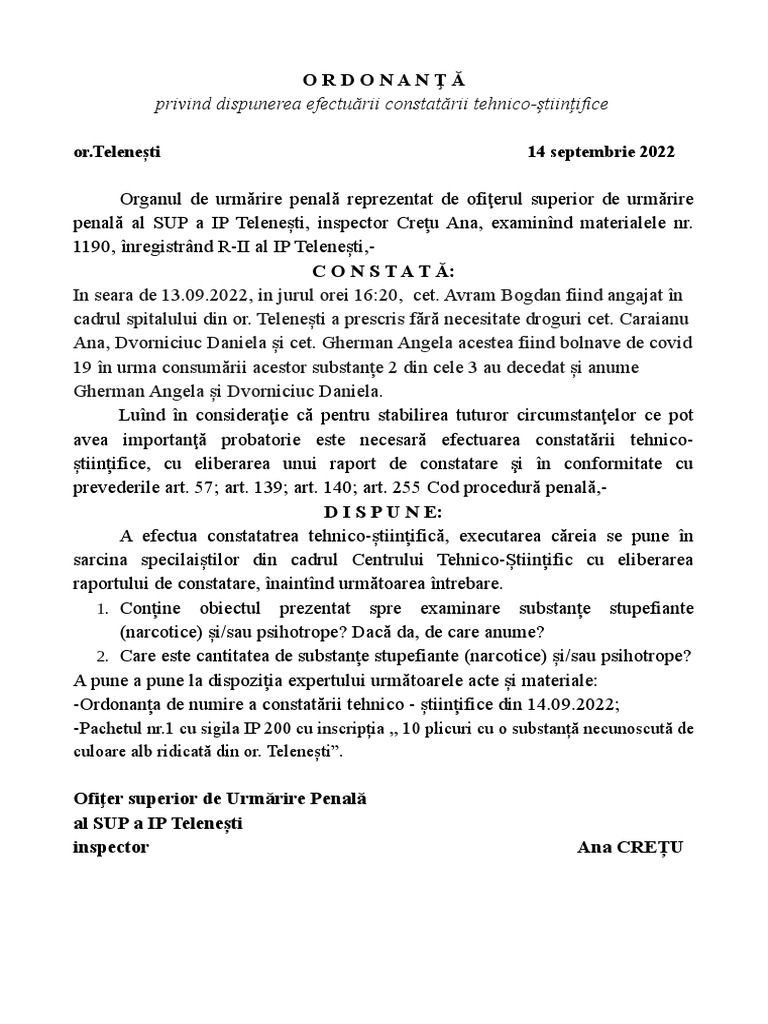 Ordonanta de Dispunere A Constatrii Tehnico Stiintifice | PDF