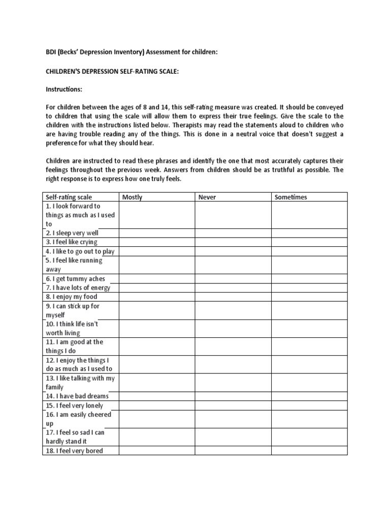 BDI (Becks' Depression Inventory) Assessment For Children: Children'S Depression Self-Rating ...
