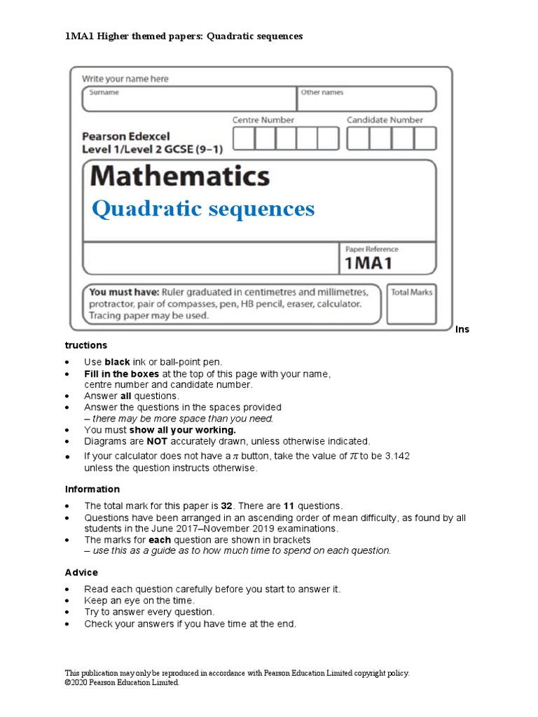 34a Quadratic Sequences - H - Question Paper | PDF | Mathematics