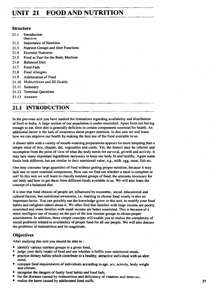Unit 21 Food and Nutrition: Structure | PDF | Foods | Dieting
