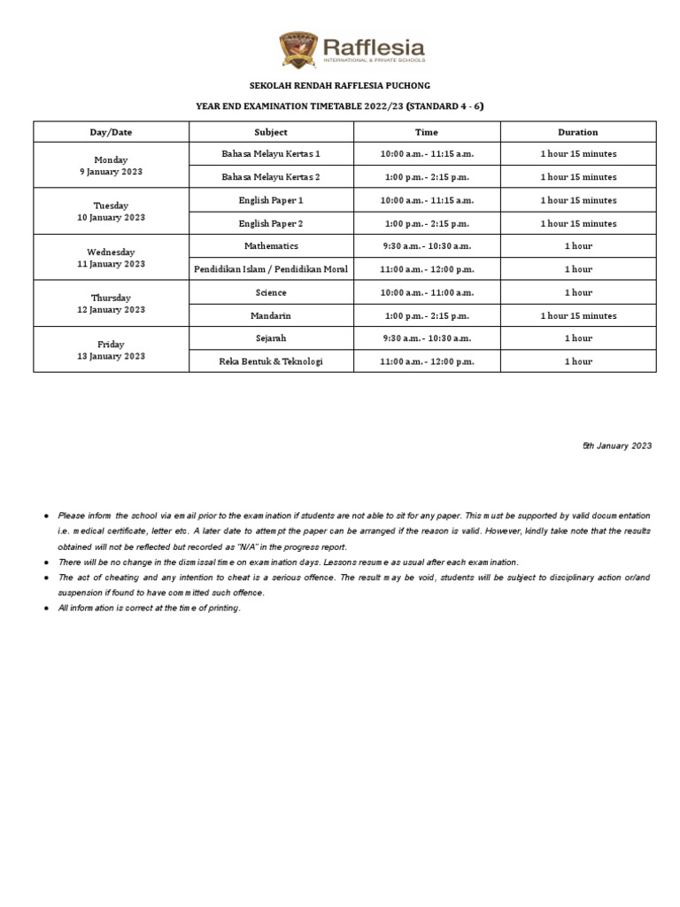 Sekolah Rendah Rafflesia Puchong Year End Examination Timetable 2022/23 (Standard 4 - 6) Day ...