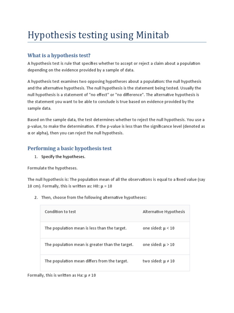 Minitab Hypothesis Testing Guide | PDF | Student's T Test | P Value