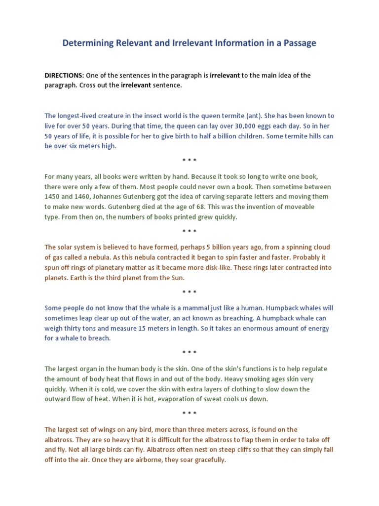 Determining Relevant and Irrelevant Information in A Passage | PDF ...