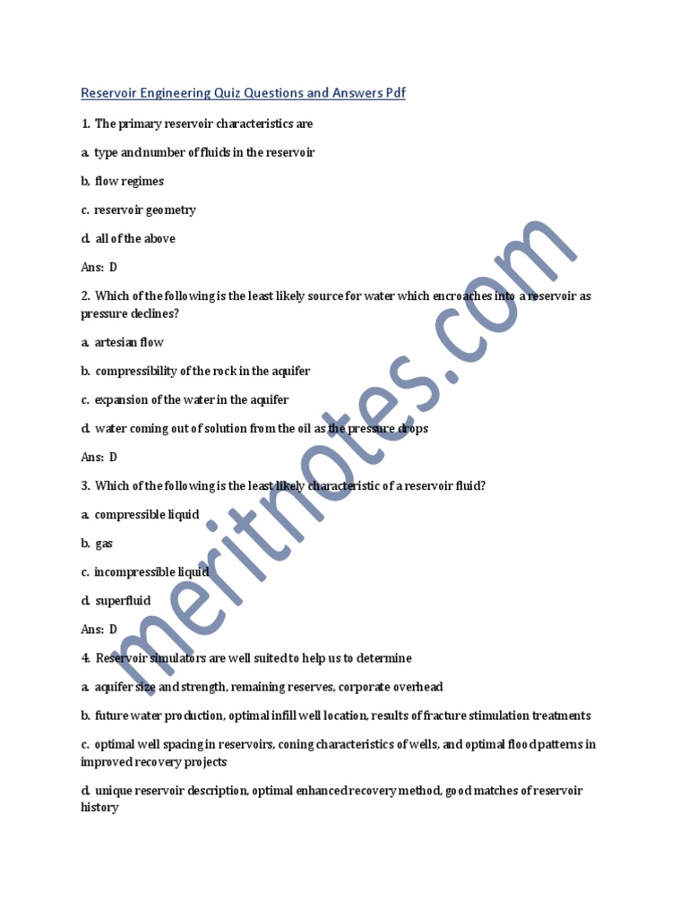 Reservoir Engineering Quiz Questions Answer | PDF