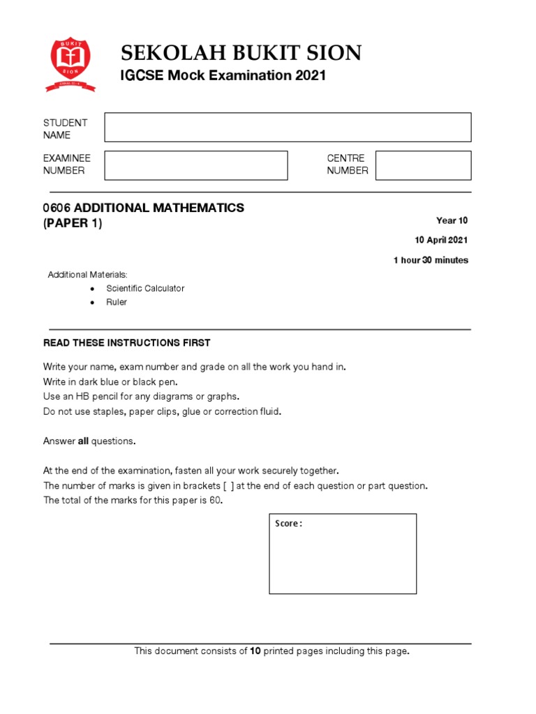 QP - 0606 Mock Exam 1 Paper1 - Final | PDF | Equations | Mathematics