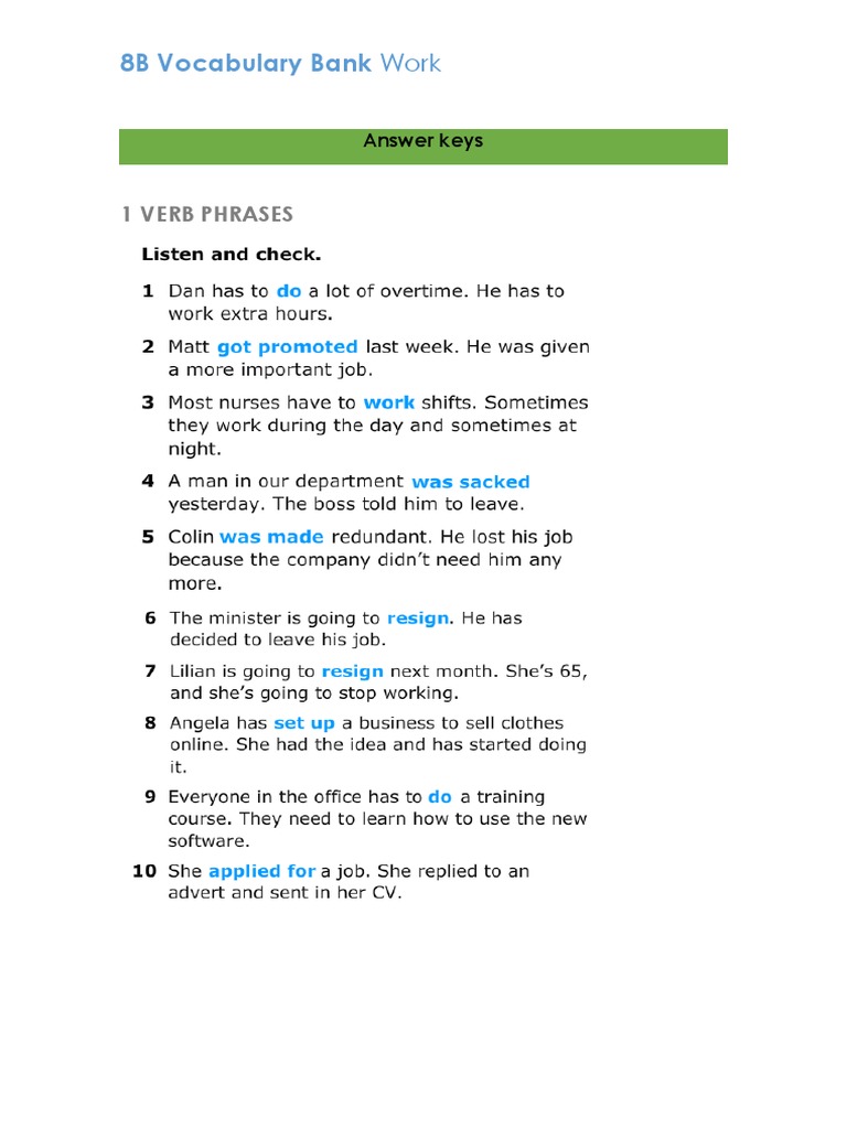 8b Vocabulary Bank Answer Keys | PDF