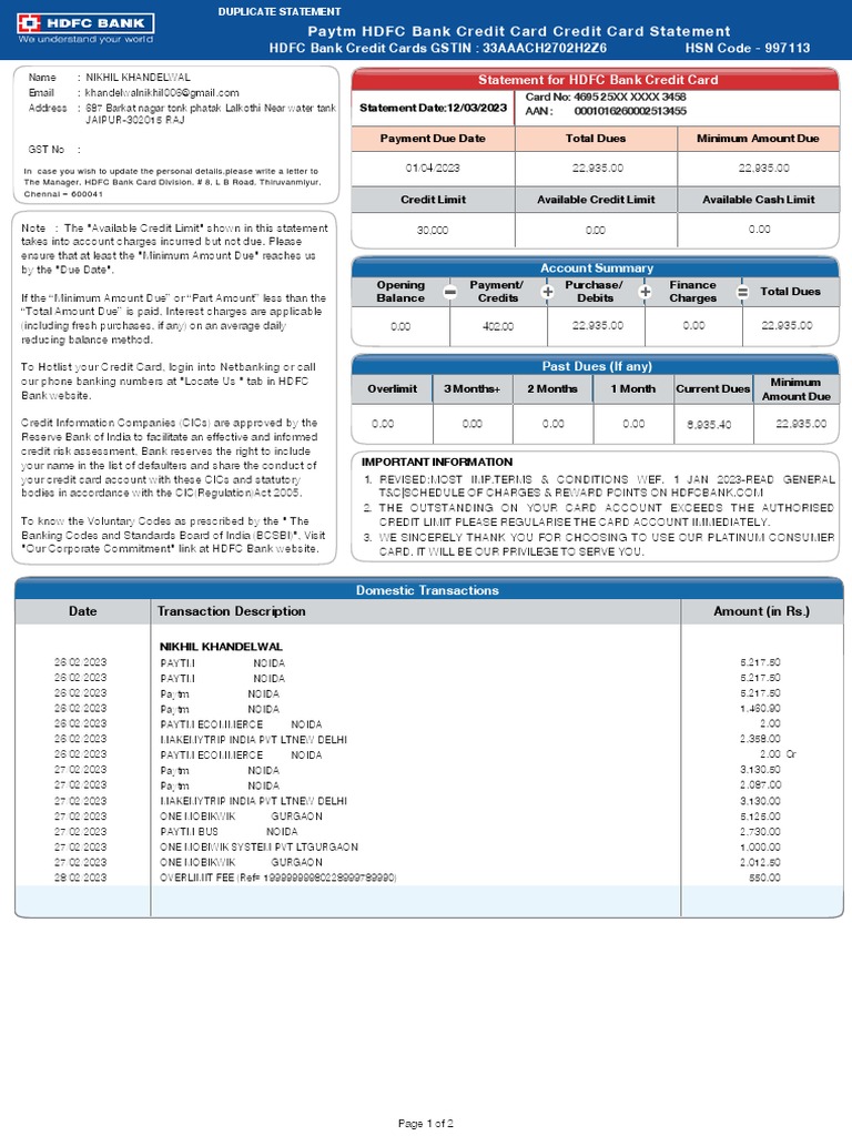 Credit Card Statement | PDF | Credit Card | Banks