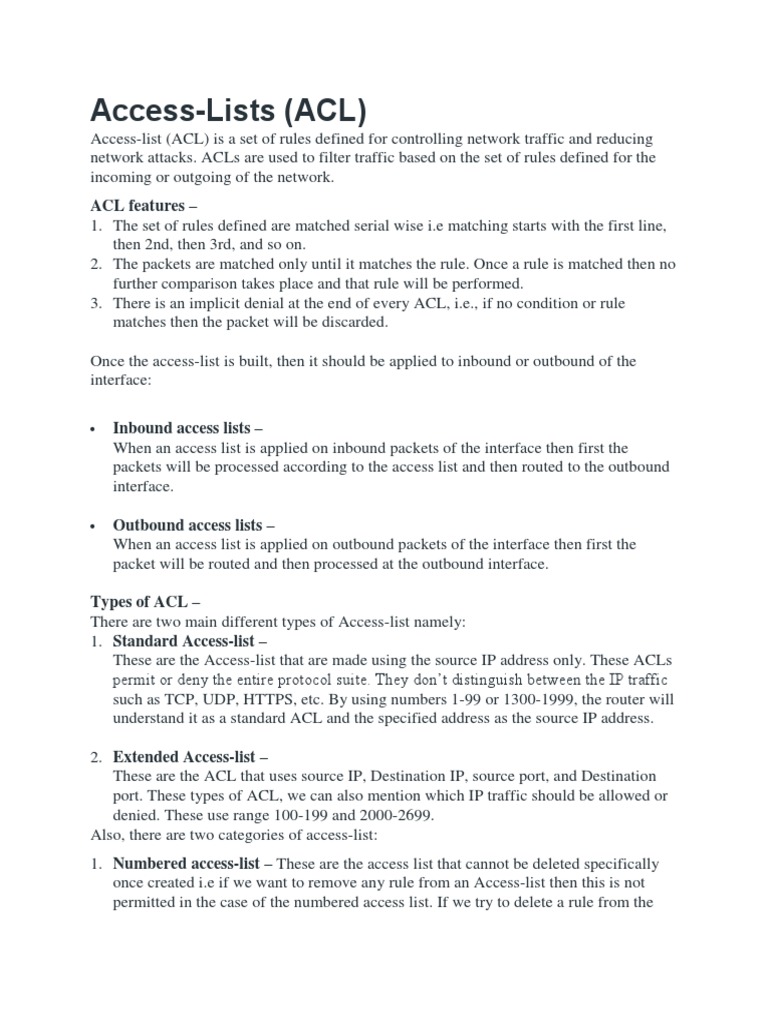 Access Lists Acl Pdf Internet Protocols Port Computer Networking