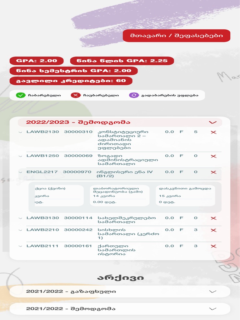 GPA: 2.00 GPA: 2.00 წინა წლის GPA: 2.25 წინა წლის GPA: 2.25 წინა სემესტრის GPA: 2.00 წინა ...