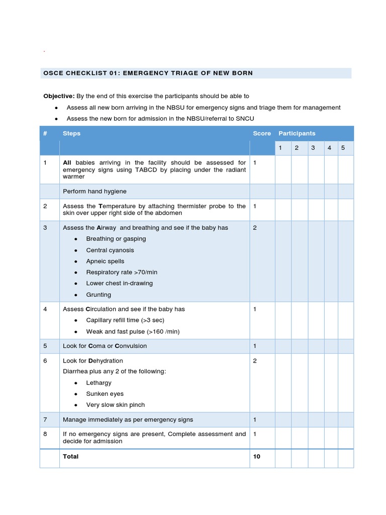 Osce Checklist 01: em Ergency Tri Age O F New Born: # Steps Score Participants | Download Free ...