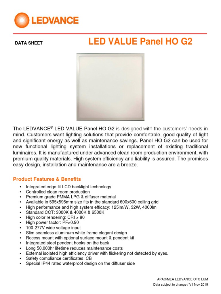 LEDVANCE Panel LED HO 32_W G2 KSA TI Sheet | PDF | Lighting ...