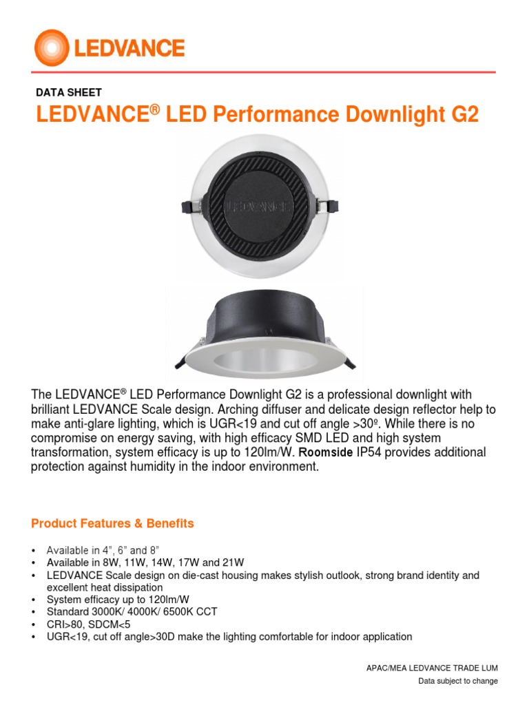 Ledvance LED Performance Downlight G2: Data Sheet | PDF | Lighting ...