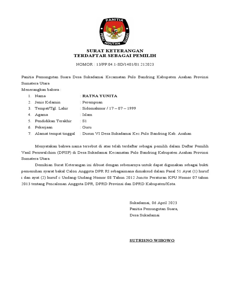Surat Keterangan Terdaftar Pemilih | PDF