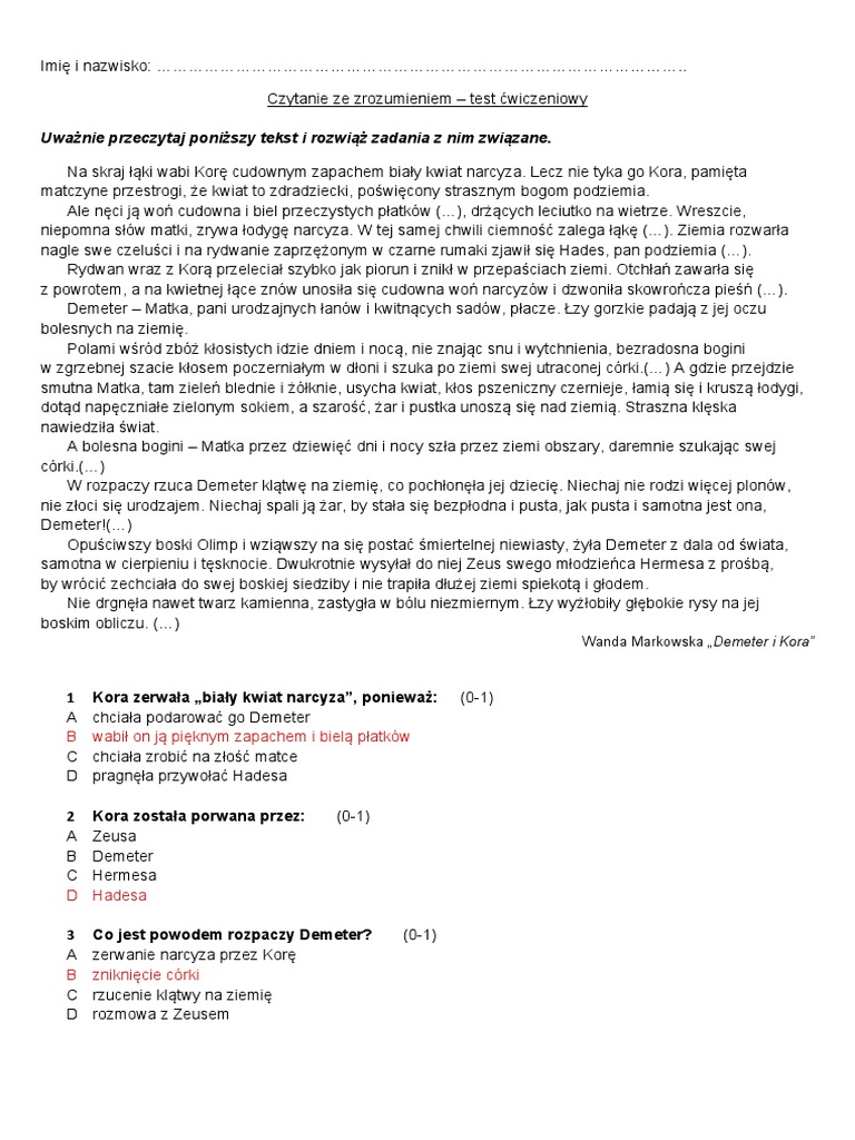 Czytanie Ze Zrozumieniem. | PDF