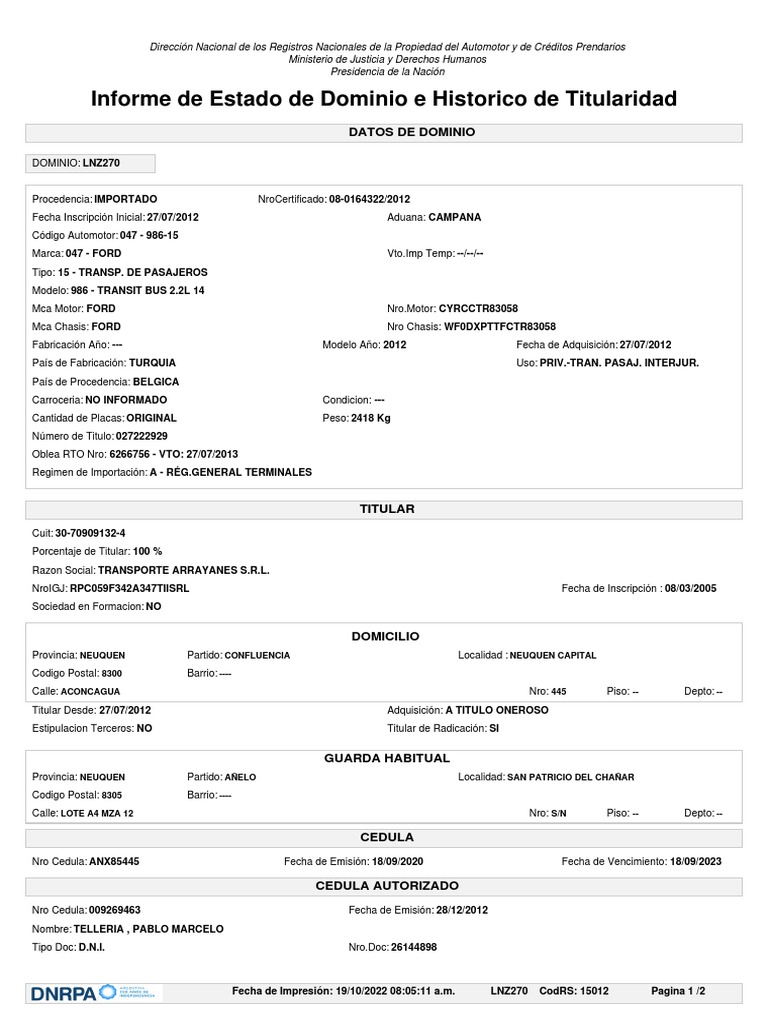 Informe de Estado de Dominio e Historico de Titularidad | PDF