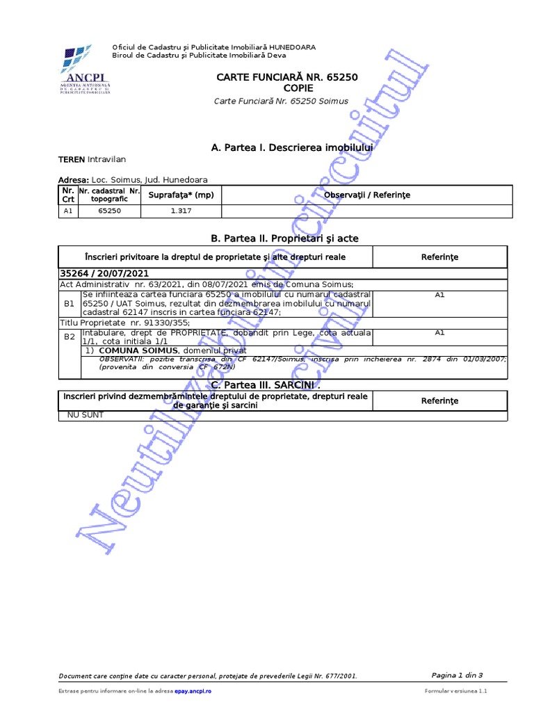 Carte Funciară Nr. 65250 Copie: Extrase Pentru Informare On-Line La ...