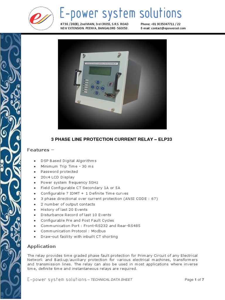 3 Phase Line Protection Current Relay - ELP33: E-Power System Solutions ...