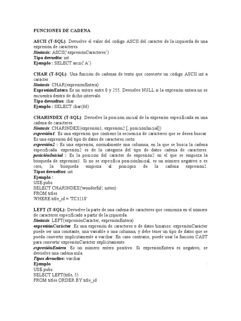 Funciones de cadena en SQL Server | PDF | Notación | Áreas de informática