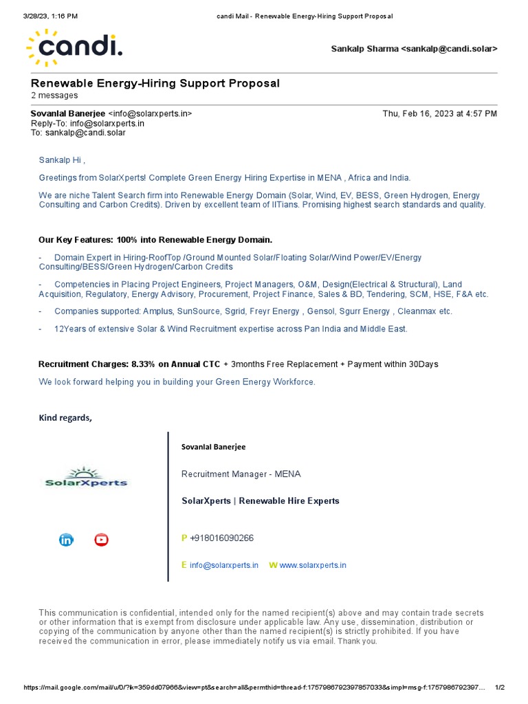 Renewable Energy Hiring Support Proposal 2 Messages PDF Energy