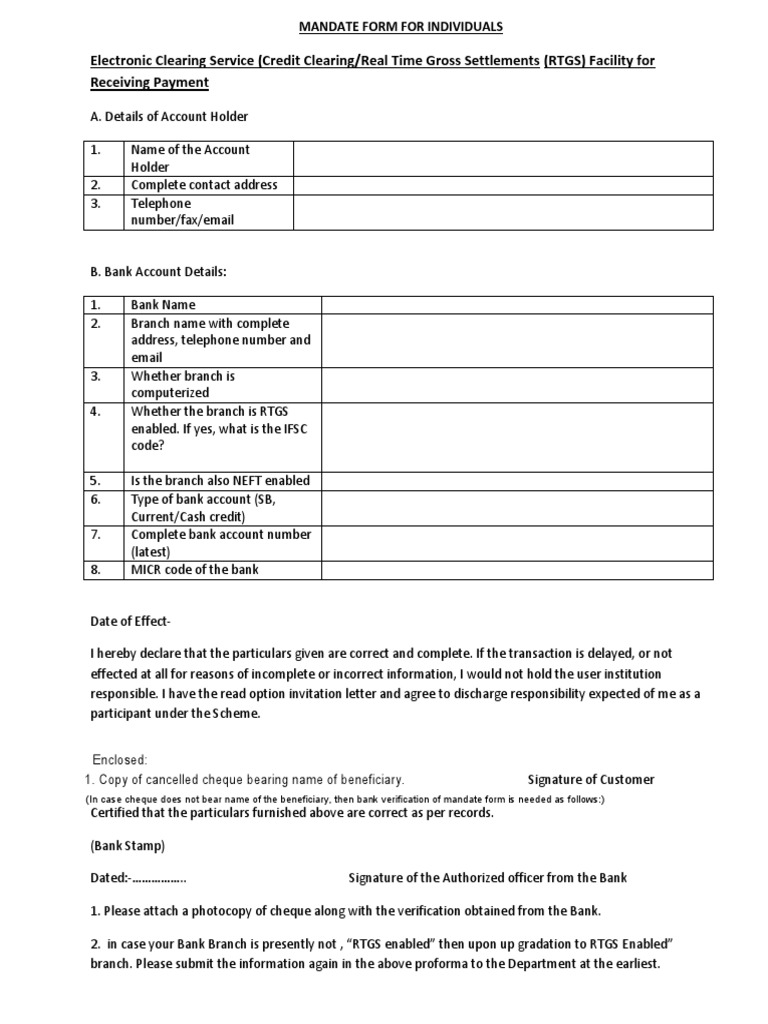Mandate Form For Individuals | PDF