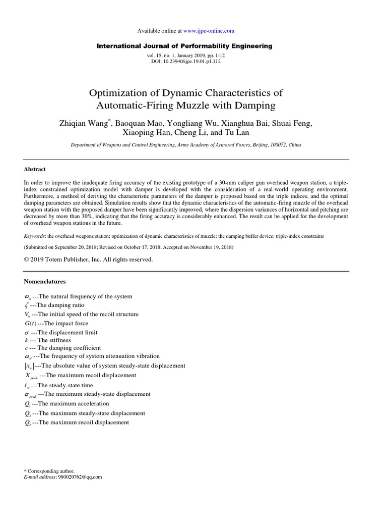 Optimization of Dynamic Characteristics of Automatic-Firing Muzzle With Damping | Download Free ...