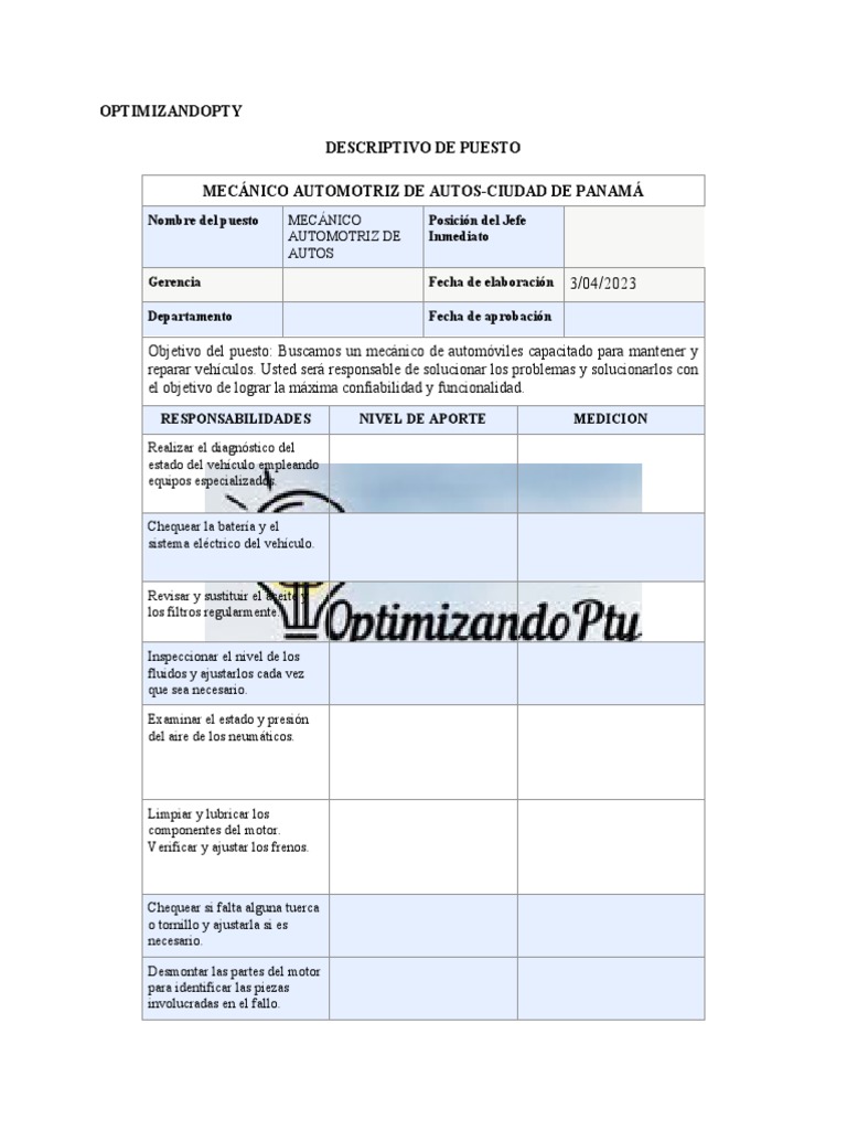 Descripcion de Puesto Mecanico Automotriz | PDF | Coche | Servicio al Cliente