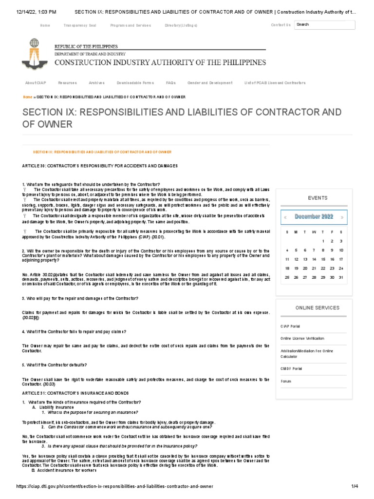 Section Ix: Responsibilities and Liabilities of Contractor and of Owner ...