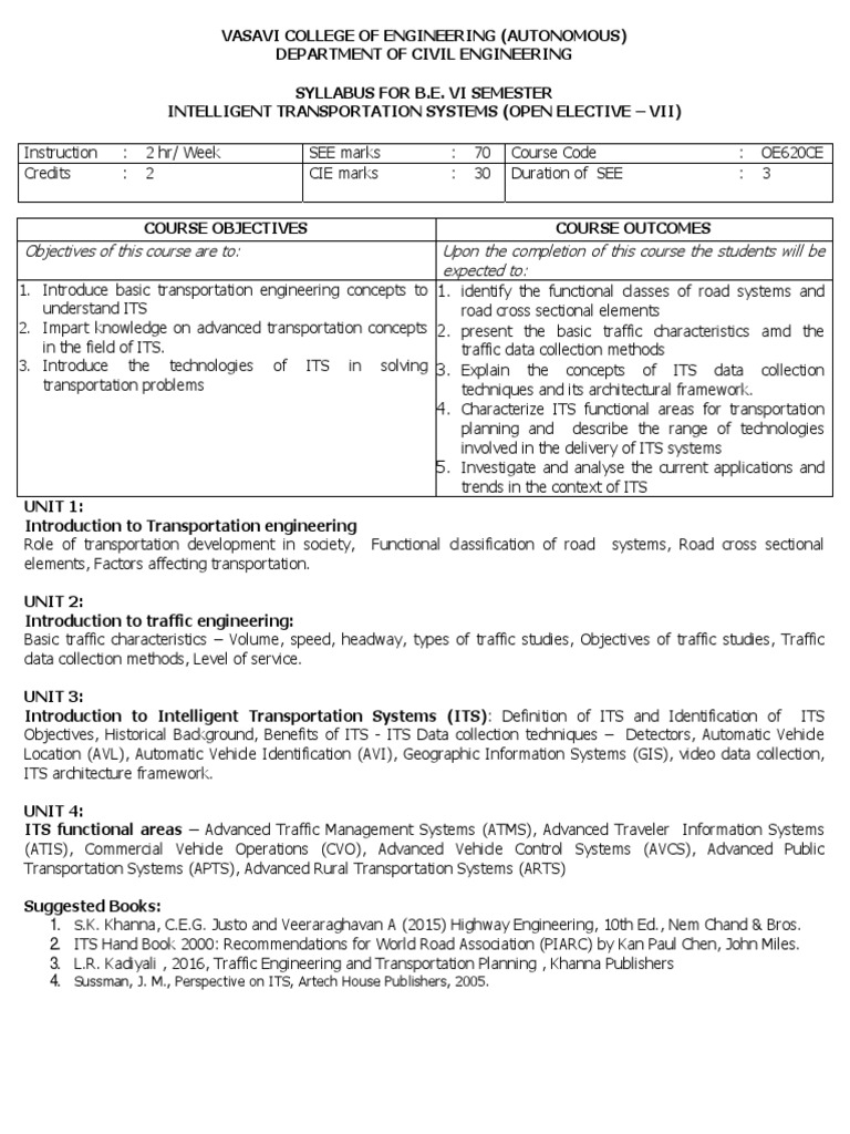 Syllabus for Intelligent Transportation Systems Course Outlining Objectives, Outcomes, Units of ...