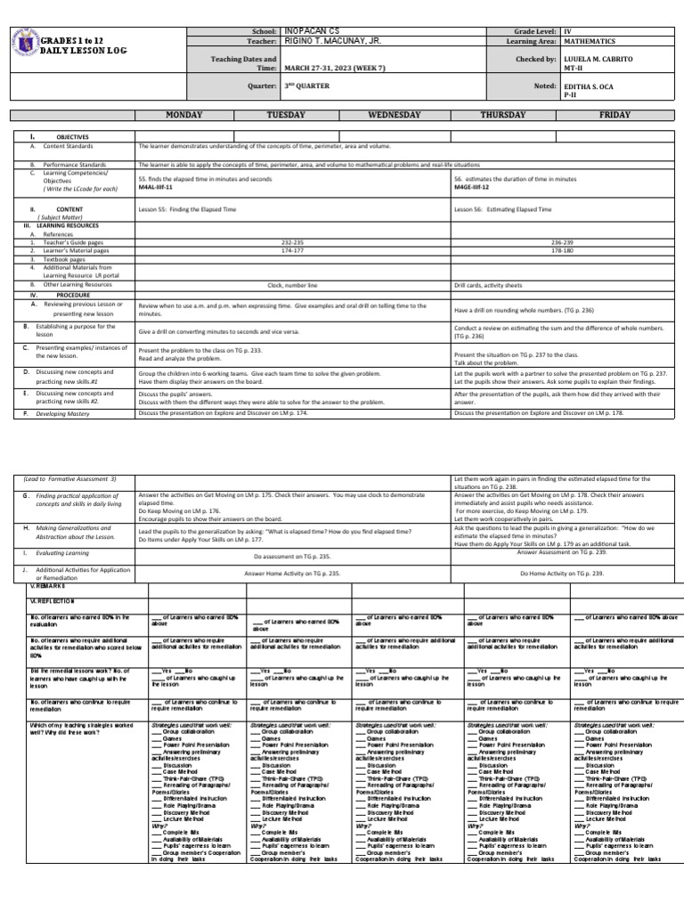 DLL - Mathematics 4 - Q3 - W7 | PDF | Learning | Differentiated Instruction