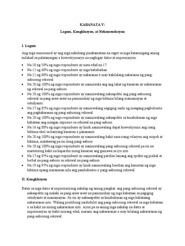 Kabanata 5 (Lagom, Kongklusyon, at Rekomendasyon) | PDF
