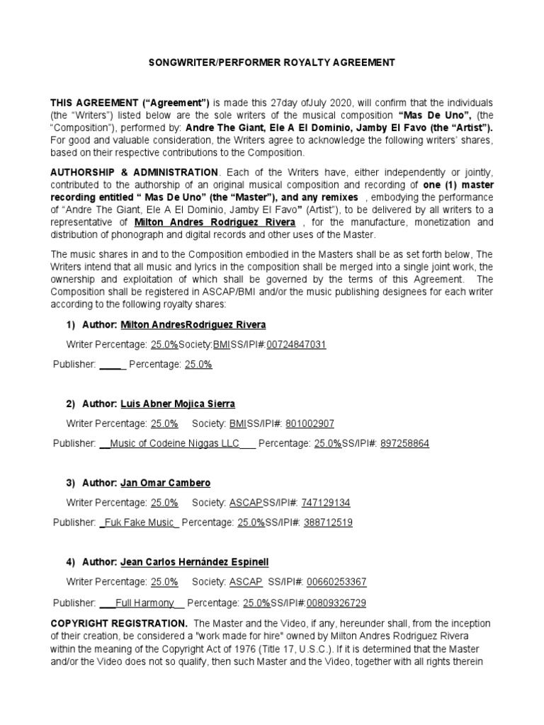 Song Release Split Sheet Ejemplo-INGLES | PDF | Royalty Payment | Copyright