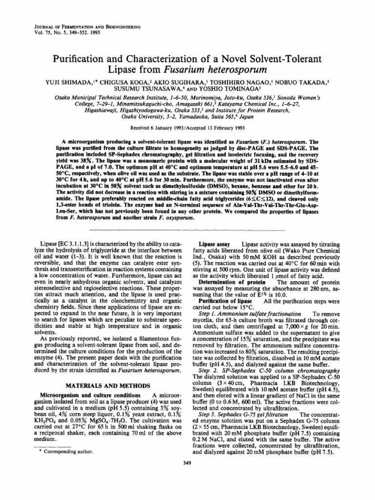 Purification and Characterization of A Novel Solvent-Tolerant Lipase ...